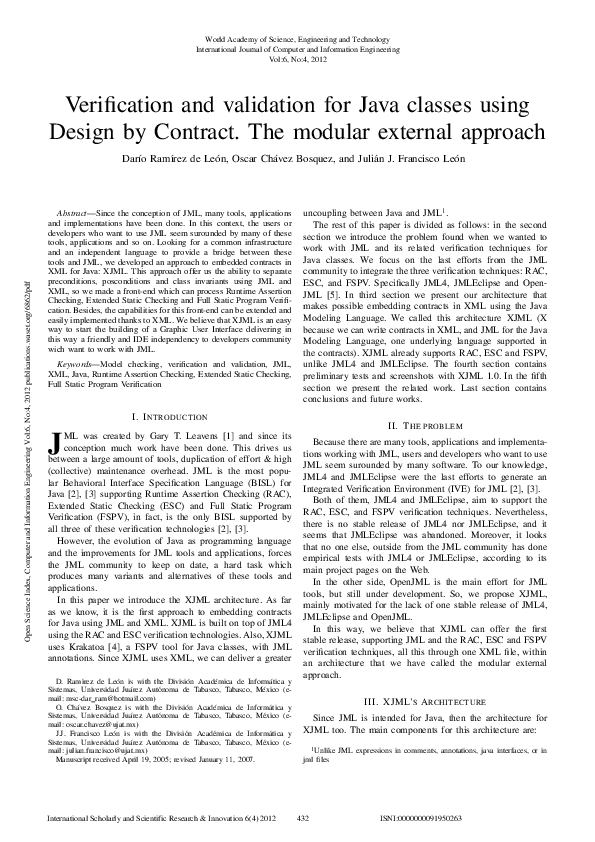(PDF) Verification And Validation For Java Classes Using Design By Contract. The Modular ...