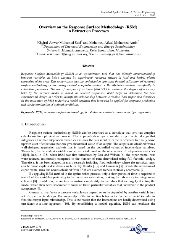 (PDF) Overview on the Response Surface Methodology (RSM) in Extraction ...