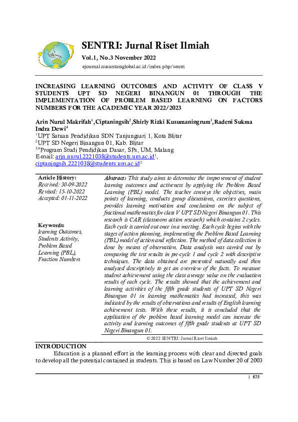 (PDF) Increasing Learning Outcomes and Activity of Class V Students Upt SD Negeri Binangun 01 ...