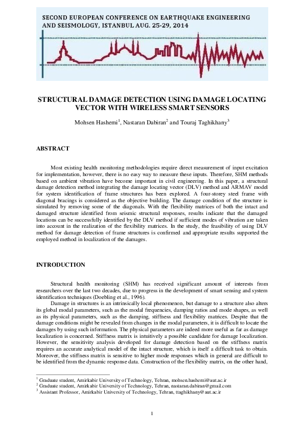 (PDF) Structural Damage Detection Using Damage Locating Vector with Wireless Smart Sensors