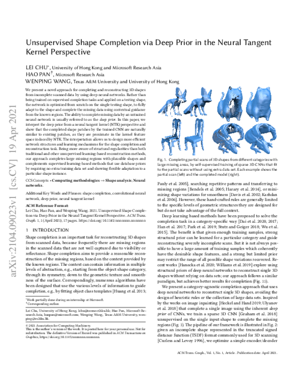Pdf Unsupervised Shape Completion Via Deep Prior In The Neural Tangent Kernel Perspective