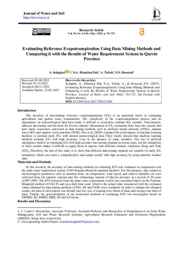 (PDF) Evaluating Reference Evapotranspiration Using Data Mining Methods and Comparing it with ...