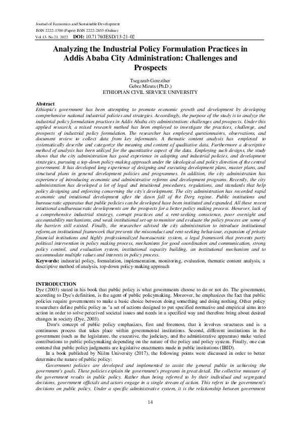 (PDF) Analyzing the Industrial Policy Formulation Practices in Addis ...