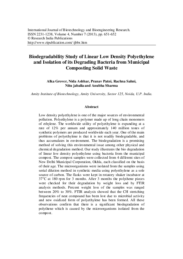 (PDF) Biodegradability Study of Linear Low Density Polyethylene and ...