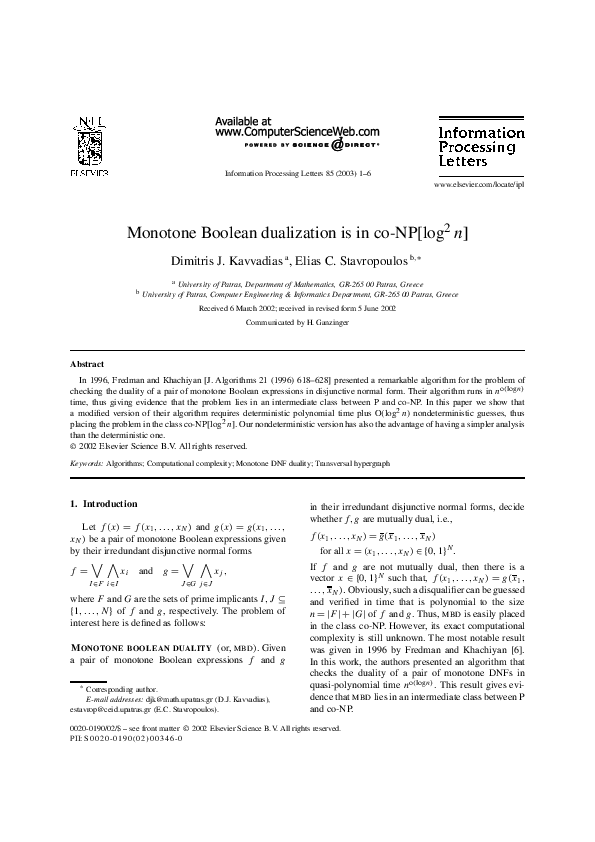 Pdf Monotone Boolean Dualization Is In Co Np Log2n 