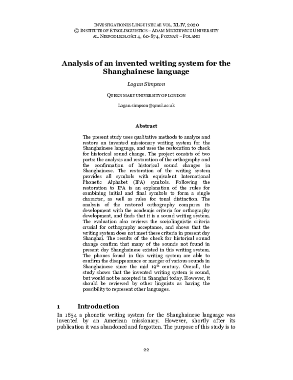 (PDF) Analysis of an invented writing system for the Shanghainese language