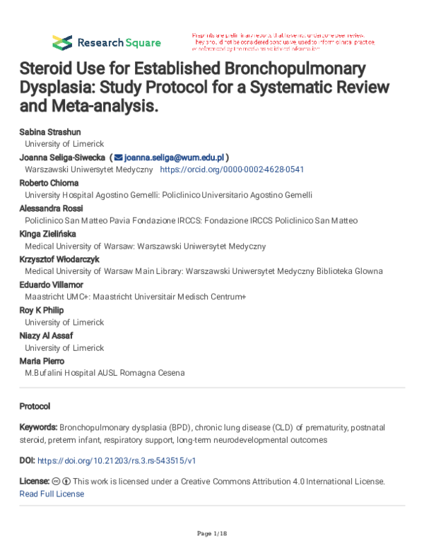 (PDF) Steroid Use for Established Bronchopulmonary Dysplasia: Study Protocol for a Systematic ...