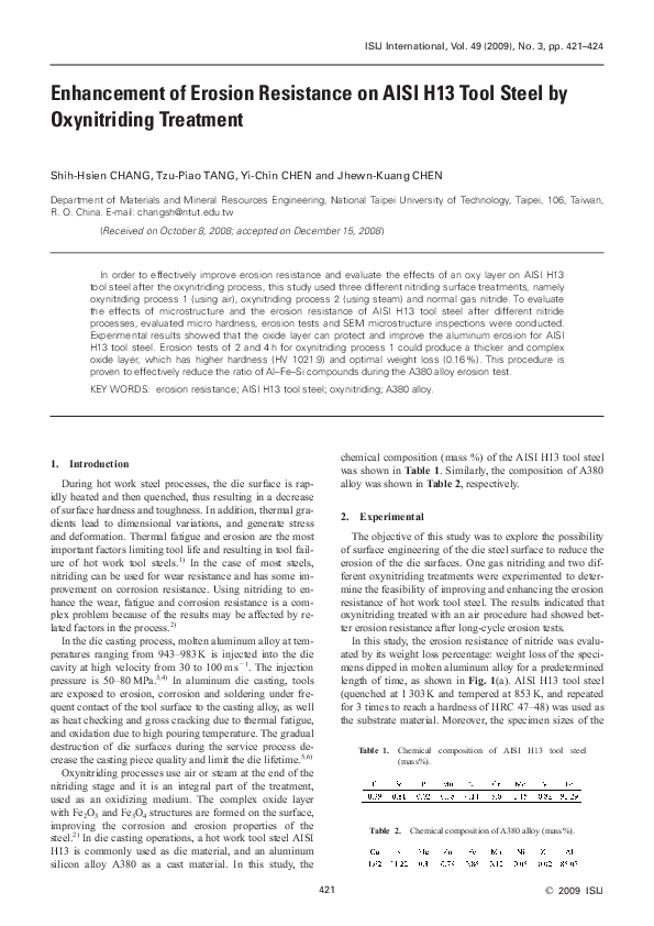 (PDF) Enhancement of Erosion Resistance on AISI H13 Tool Steel by Oxynitriding Treatment | J.K ...