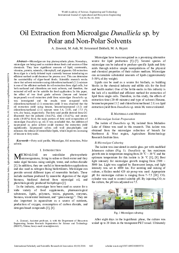 (PDF) Oil Extraction From Microalgae Dunalliela Sp. By Polar And Non ...