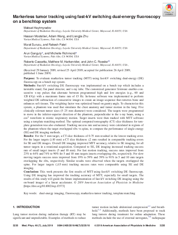 (PDF) Markerless tumor tracking using fast‐kV switching dual‐energy fluoroscopy on a benchtop system