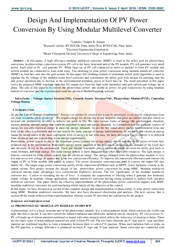 Pdf Design And Implementation Of Pv Power Conversion By Using Modular Multilevel Converter
