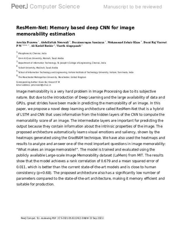 (PDF) Peer Review #4 of "ResMem-Net: memory based deep CNN for image memorability estimation (v0.2)