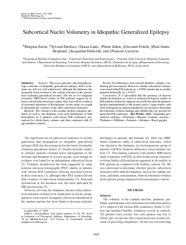 (PDF) Subcortical Nuclei Volumetry in Idiopathic Generalized Epilepsy