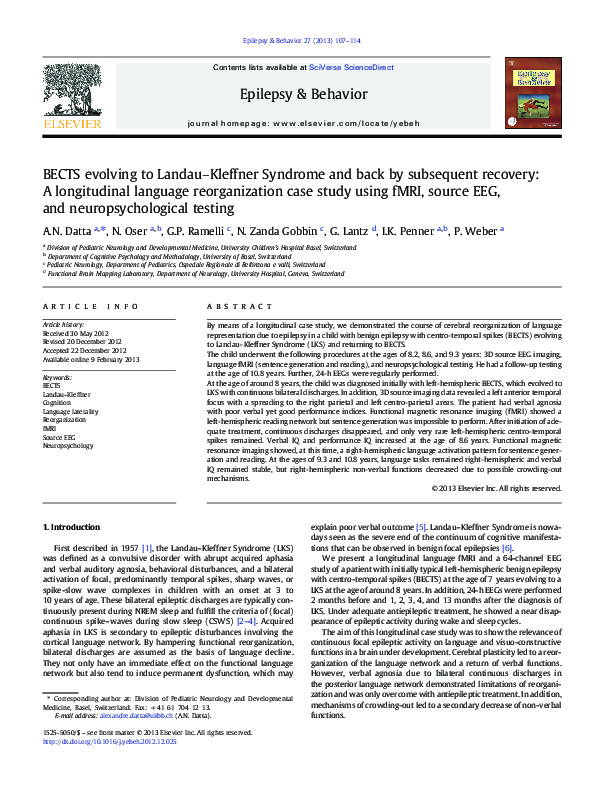 (PDF) BECTS evolving to Landau–Kleffner Syndrome and back by subsequent ...