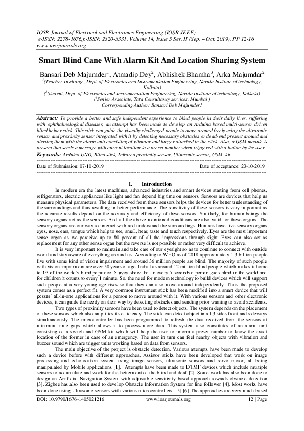 (PDF) Smart Blind Cane With Alarm Kit And Location Sharing System