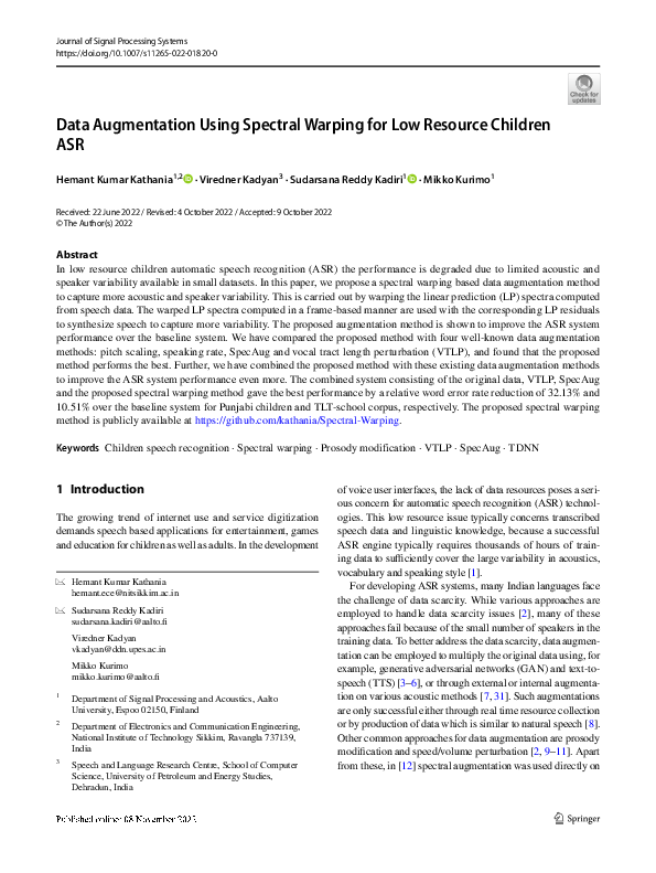 (PDF) Data Augmentation Using Spectral Warping for Low Resource Children ASR | Sudarsana Kadiri ...