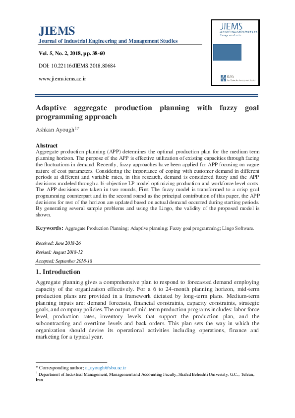 (PDF) Adaptive aggregate production planning with fuzzy goal programming approach