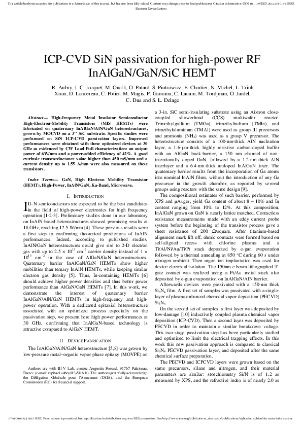 (PDF) ICP-CVD SiN Passivation for High-Power RF InAlGaN/GaN/SiC HEMT