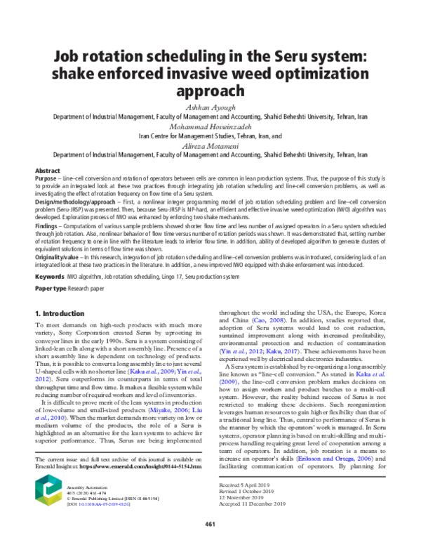 Pdf Job Rotation Scheduling In The Seru System Shake Enforced Invasive Weed Optimization Approach
