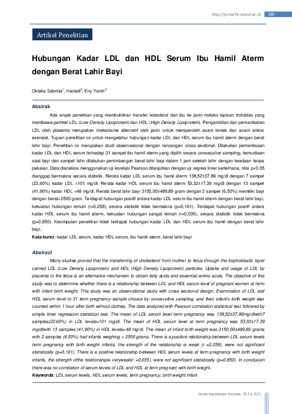 (PDF) Hubungan Kadar LDL dan HDL Serum Ibu Hamil Aterm dengan Berat ...