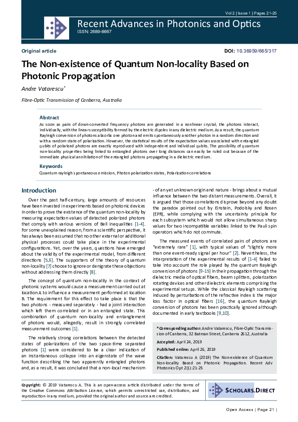(PDF) The Non-existence of Quantum Non-locality Based on Photonic Propagation