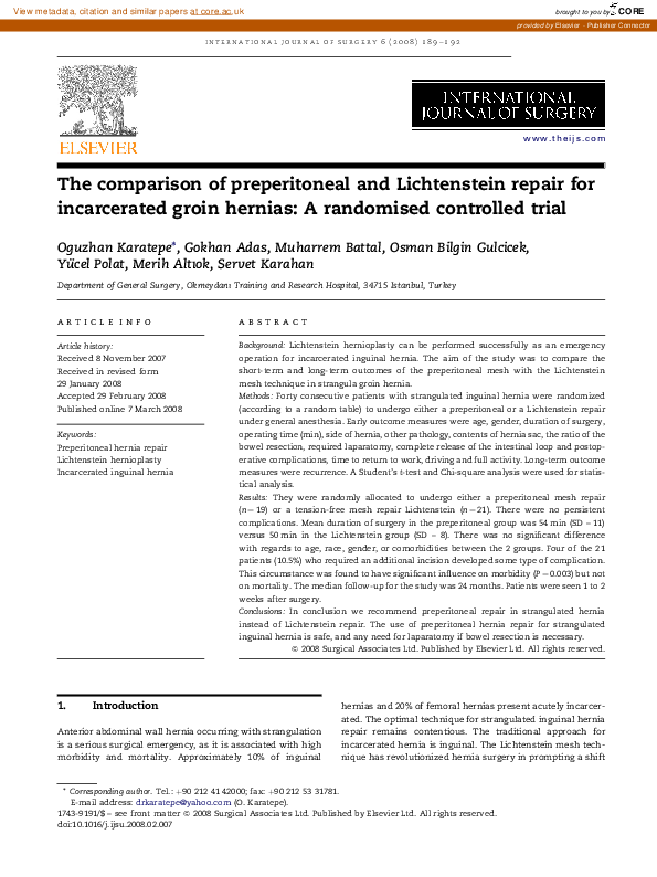 (PDF) The comparison of preperitoneal and Lichtenstein repair for incarcerated groin hernias: A ...