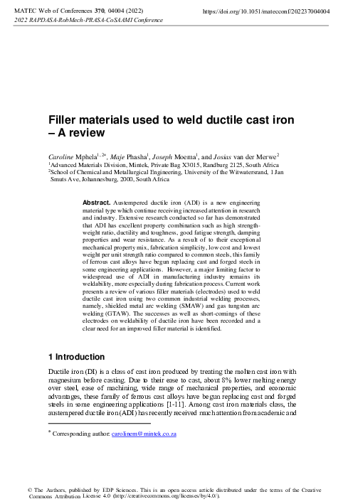 (PDF) Filler materials used to weld ductile cast iron – A review