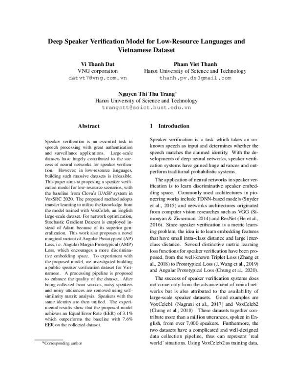 (PDF) Deep Speaker Verification Model for Low-Resource Languages and Vietnamese Dataset