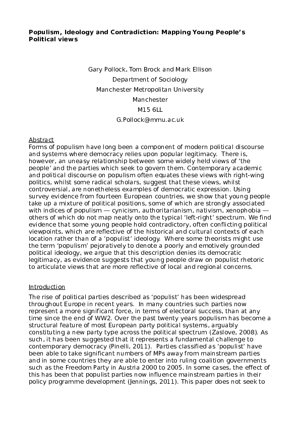 (PDF) Populism, Ideology and Contradiction: Mapping Young People's ...