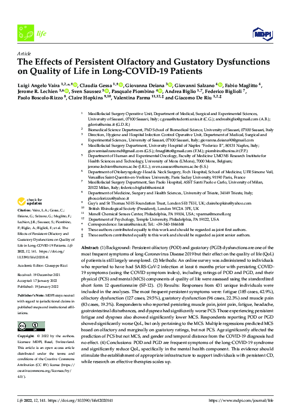 Pdf The Effects Of Persistent Olfactory And Gustatory Dysfunctions On Quality Of Life In Long