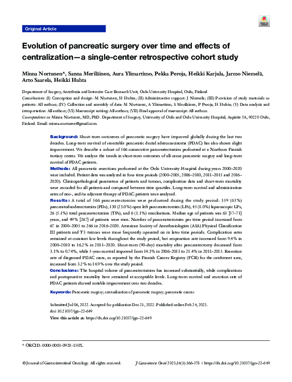 (PDF) Evolution of pancreatic surgery over time and effects of ...