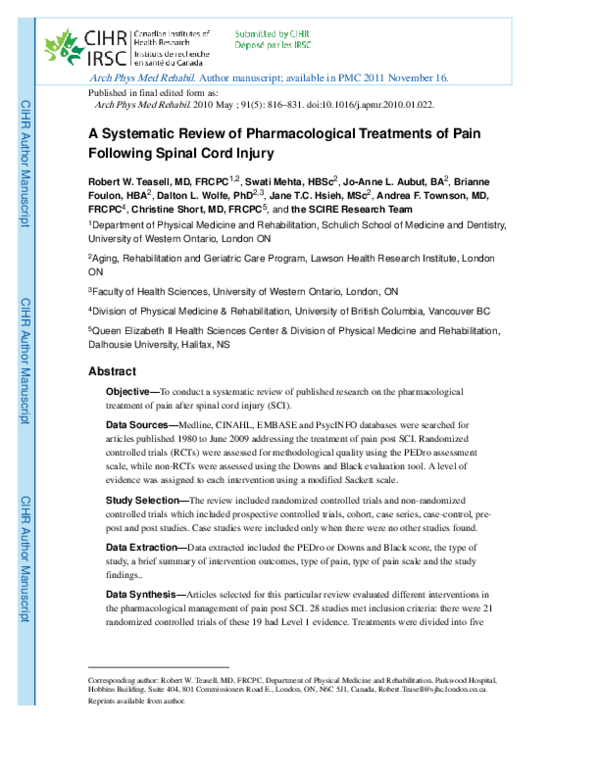 (PDF) A Systematic Review of Pharmacologic Treatments of Pain After Spinal Cord Injury