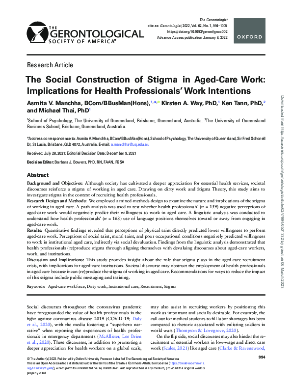 (PDF) The Social Construction of Stigma in Aged-Care Work: Implications ...