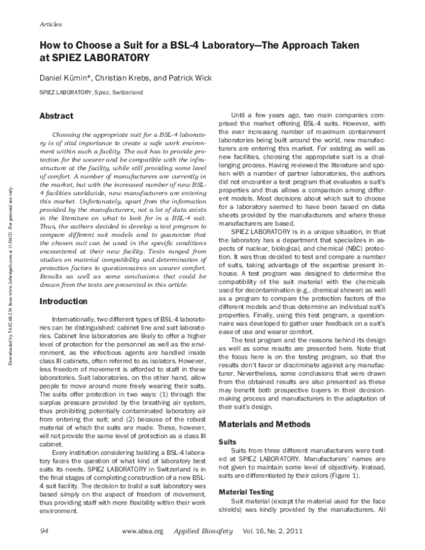 (PDF) How to Choose a Suit for a BSL-4 Laboratory—The Approach Taken at ...