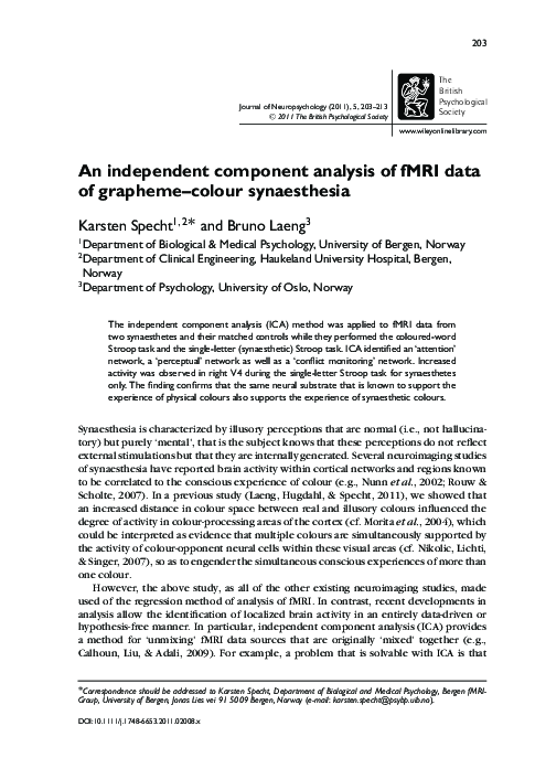 (PDF) An independent component analysis of fMRI data of grapheme-colour ...