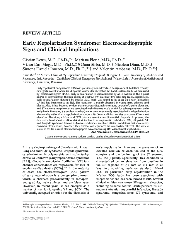 (PDF) Early Repolarization Syndrome: Electrocardiographic Signs and ...