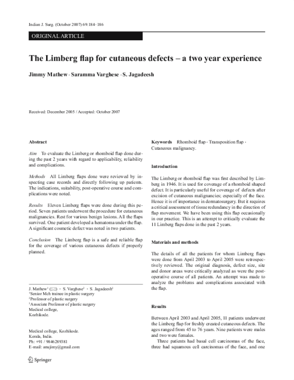 (PDF) The Limberg flap for cutaneous defects — a two year experience