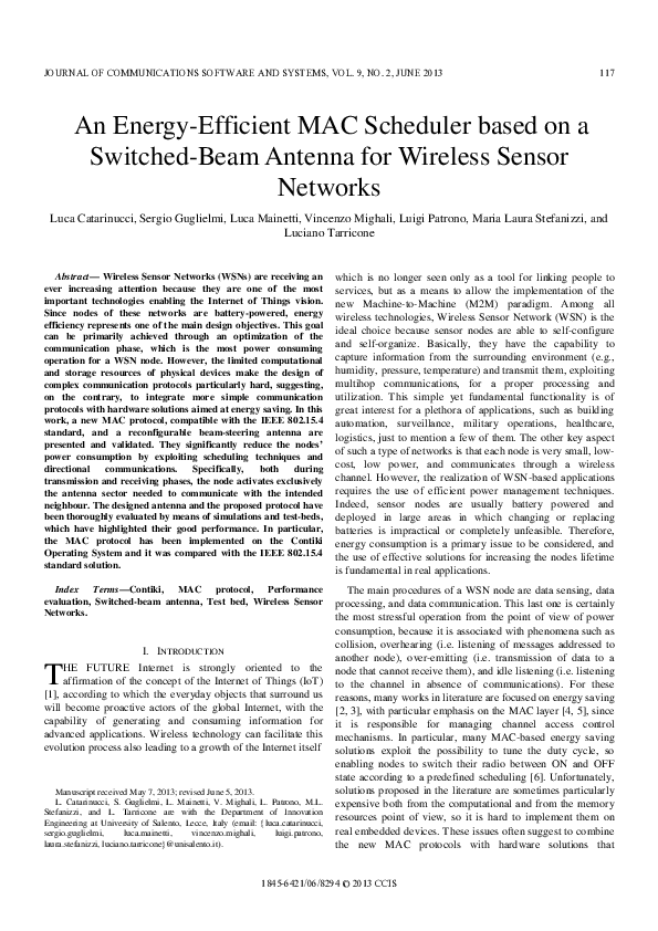 (PDF) An Energy-Efficient MAC Scheduler based on a Switched-Beam Antenna for Wireless Sensor ...