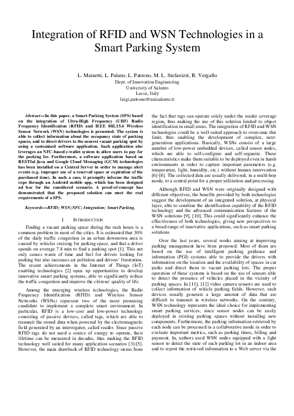 (PDF) Integration of RFID and WSN technologies in a Smart Parking System