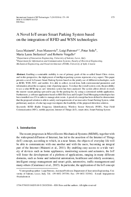 (PDF) A Novel IoT-aware Smart Parking System based on the integration of RFID and WSN technologies