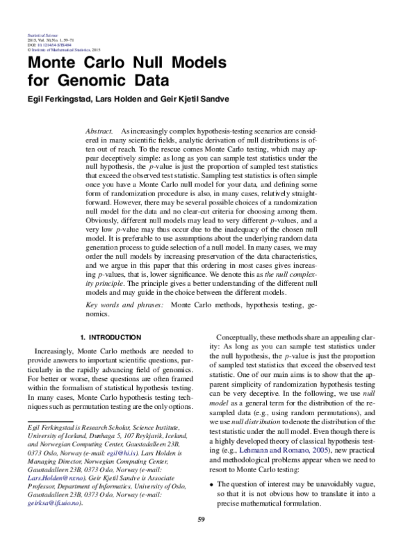 Pdf Monte Carlo Null Models For Genomic Data 