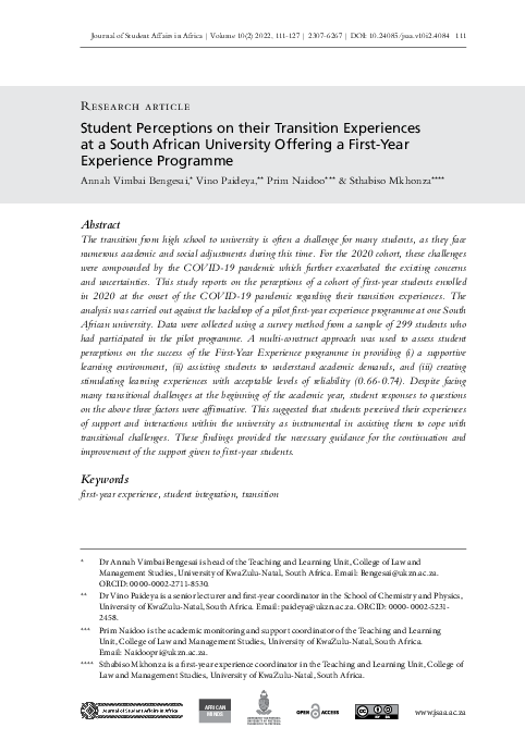 (PDF) Student perceptions on their transition experiences at a South ...