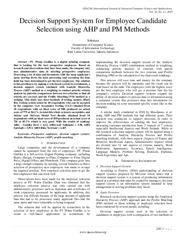 Pdf Decision Support System For Employee Candidate Selection Using Ahp And Pm Methods