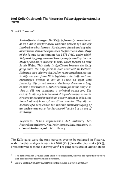 (PDF) Ned Kelly Outlawed: The Victorian Felons Apprehension Act 1878