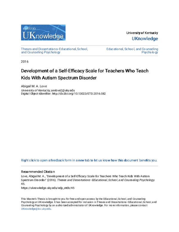 (PDF) Development of a Self-Efficacy Scale for Teachers Who Teach Kids With Autism Spectrum Disorder