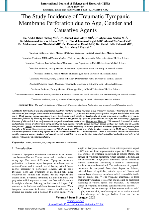 (PDF) The Study Incidence of Traumatic Tympanic Membrane Perforation ...