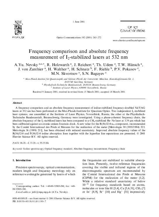 (PDF) Frequency Comparison and Absolute Frequency Measurement of I2-stabilized Lasers at 532 nm