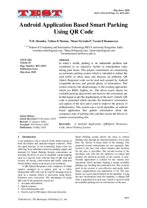 (PDF) Android Application Based Smart Parking Using QR Code