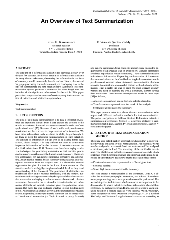 (PDF) An Overview of Text Summarization
