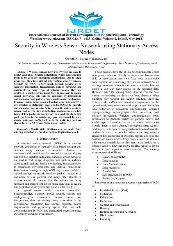 Pdf Security In Wireless Sensor Network Using Stationary Access Nodes